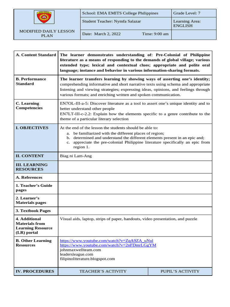 lesson plan | PDF | Epic Poetry | Hero