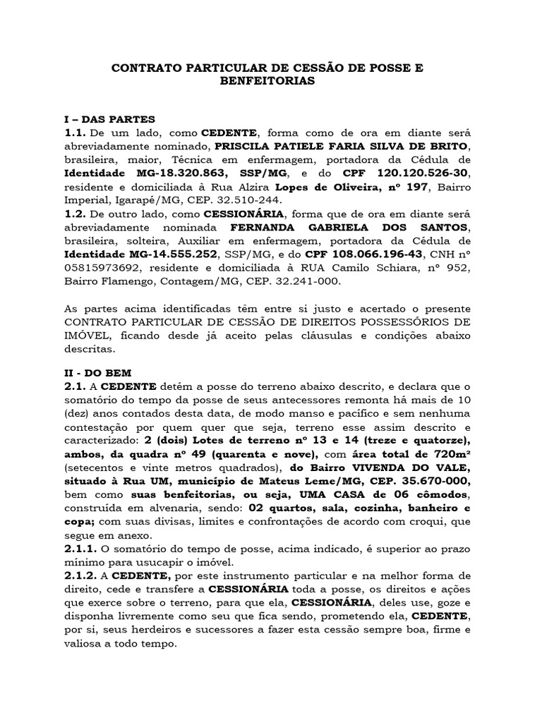 Contrato CESSÃO DE POSSE | PDF | Direito Civil (sistema jurídico ...
