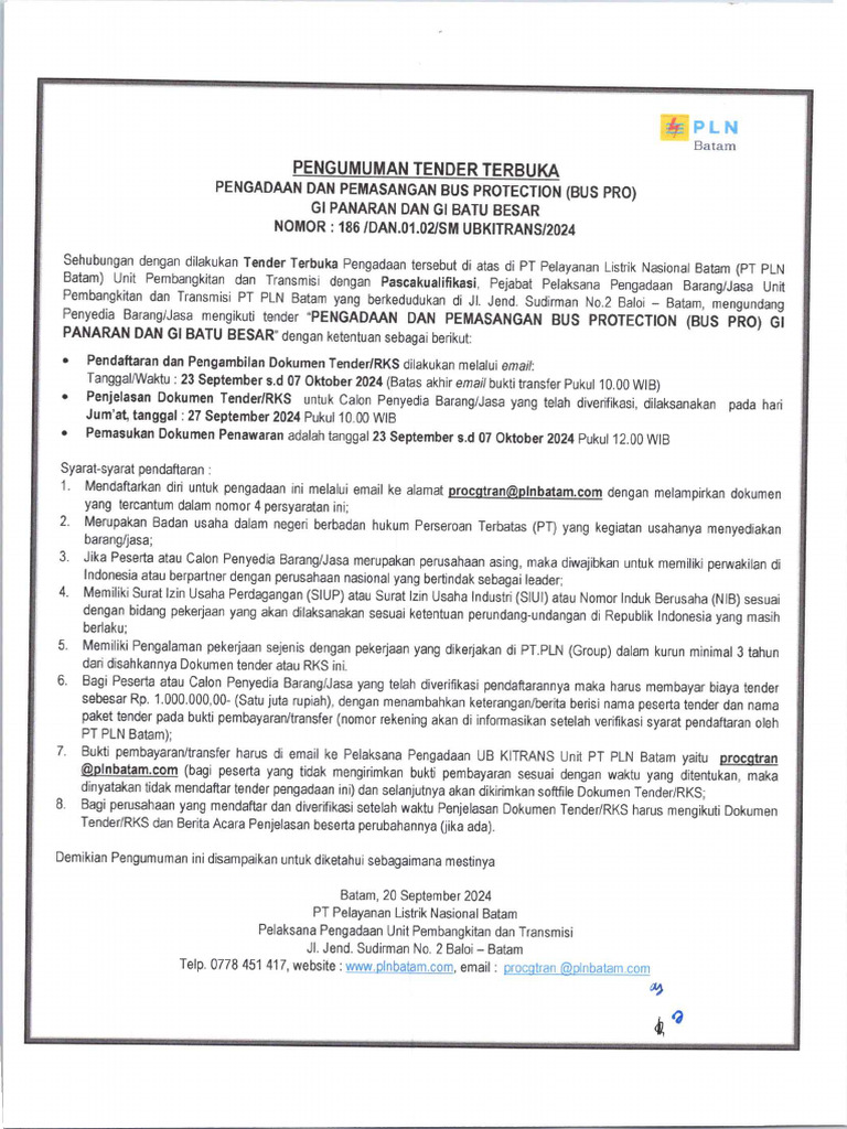 Pengumuman Tender Terbuka Pengadaan Dan Pemasangan Bus Protection GI ...