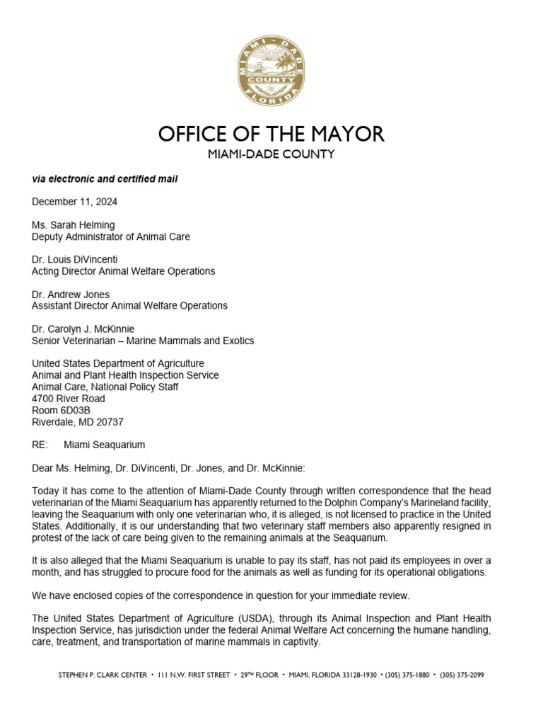 Letter To USDA Regarding Miami Seaquarium | PDF | Payroll | United ...