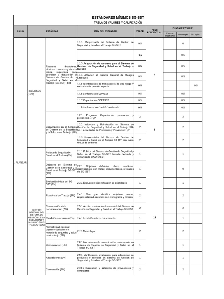 FT-SST-001 Autoevaluacion Inicial 0312 | PDF