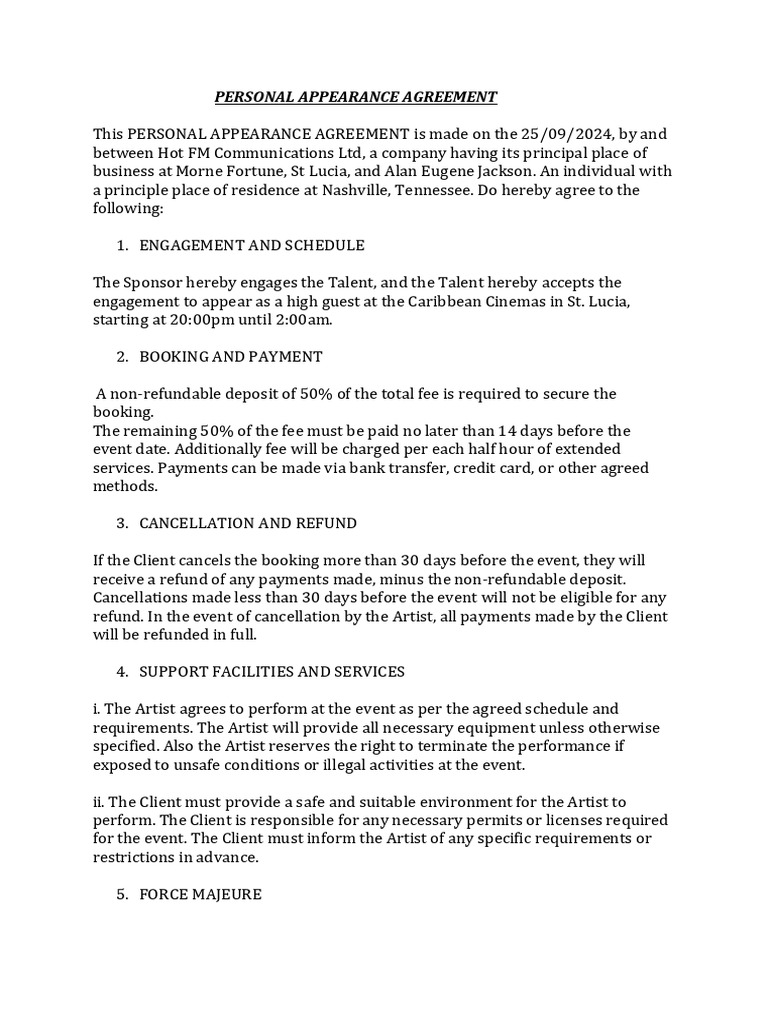 Personal Appearance Agreement PDF | PDF | Payments | Fee