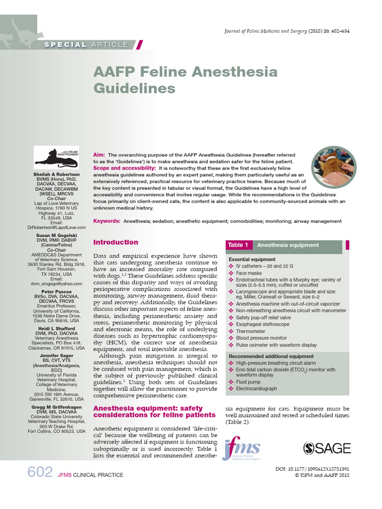 AAFP Feline Anaesthesia Guidelines | PDF | Anesthesia | Clinical Medicine