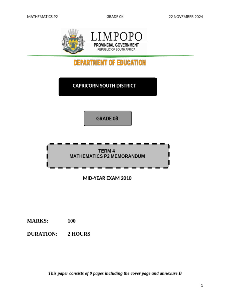 Grade08 Maths p2 Memo 2024 | PDF | Angle | Line (Geometry)