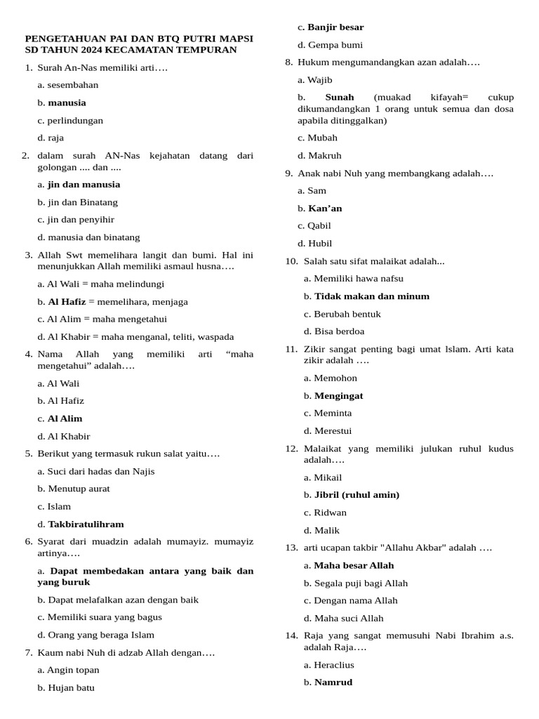 Soal PAI dan BTQ MAPSI SD 2024 | PDF