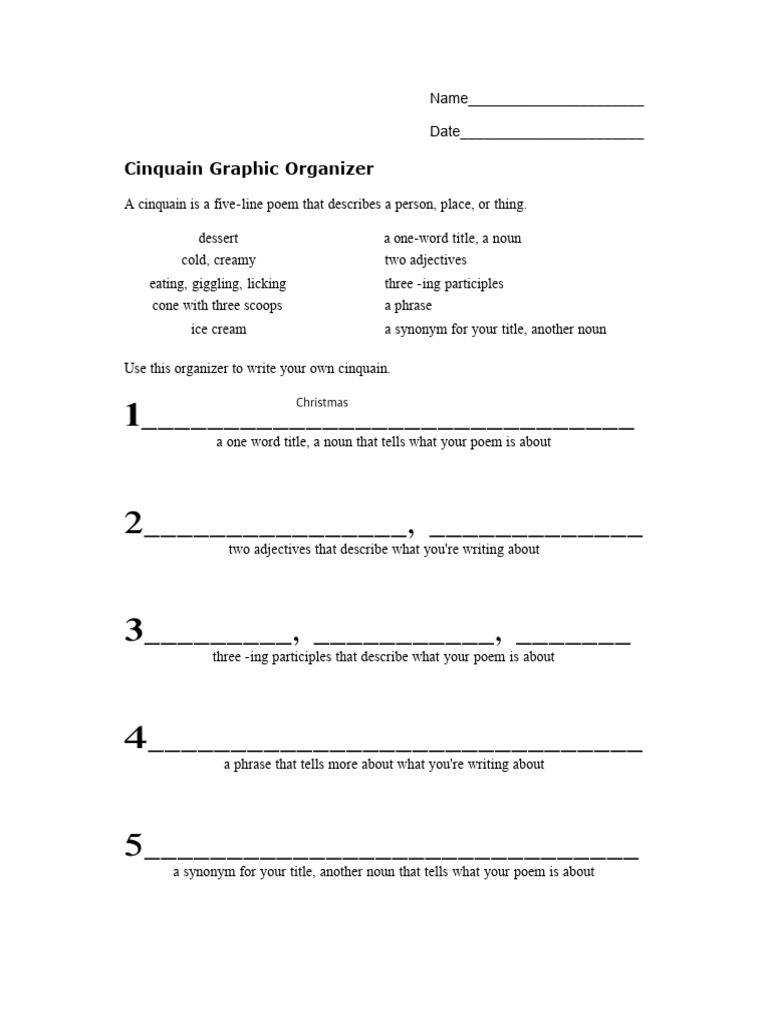 Cinquain Graphic Organizer: Name - Date | PDF