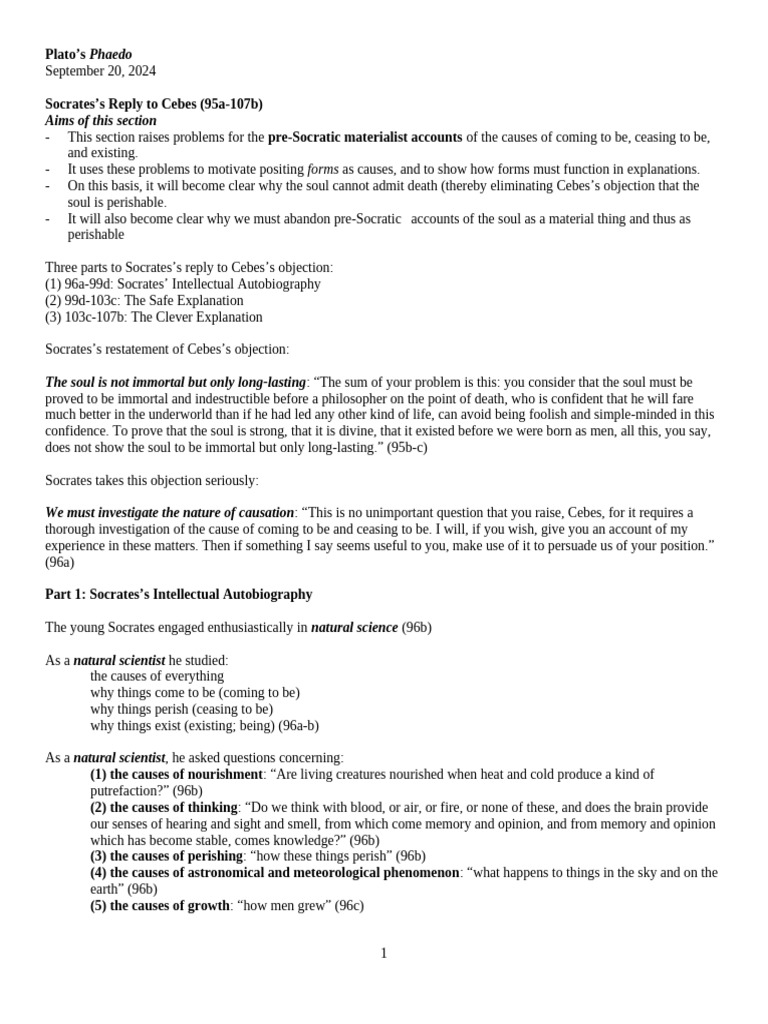 Plato Handout - Phaedo Day 6 - Sep 20 | PDF | Socrates