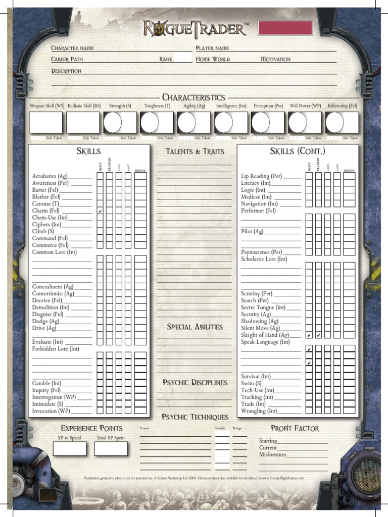 Rogue Trader Character Sheet Editable | PDF