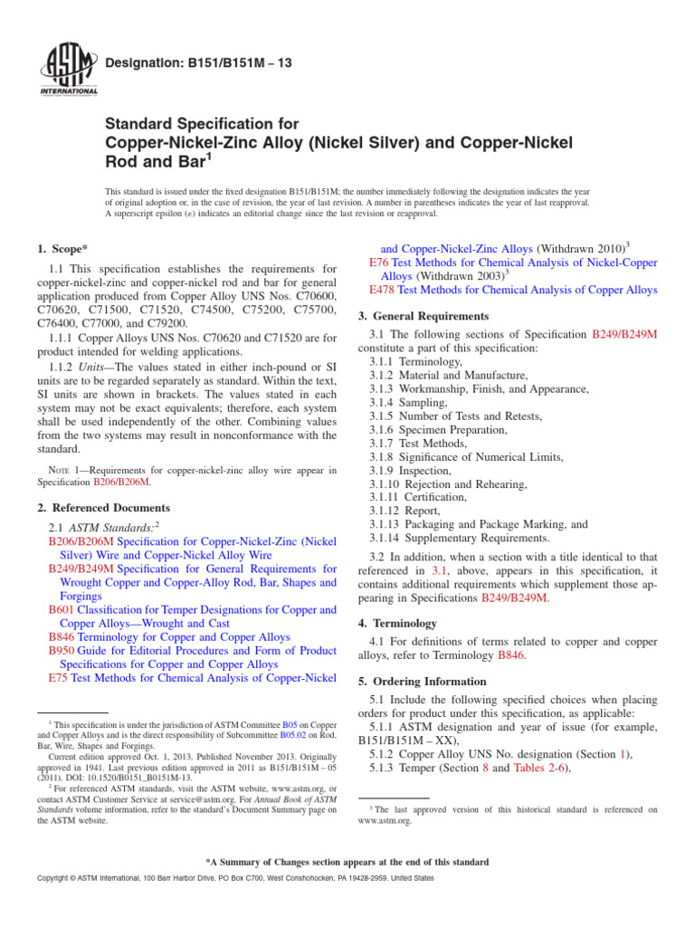 ASTM B151-13 | PDF | Metals | Physical Sciences