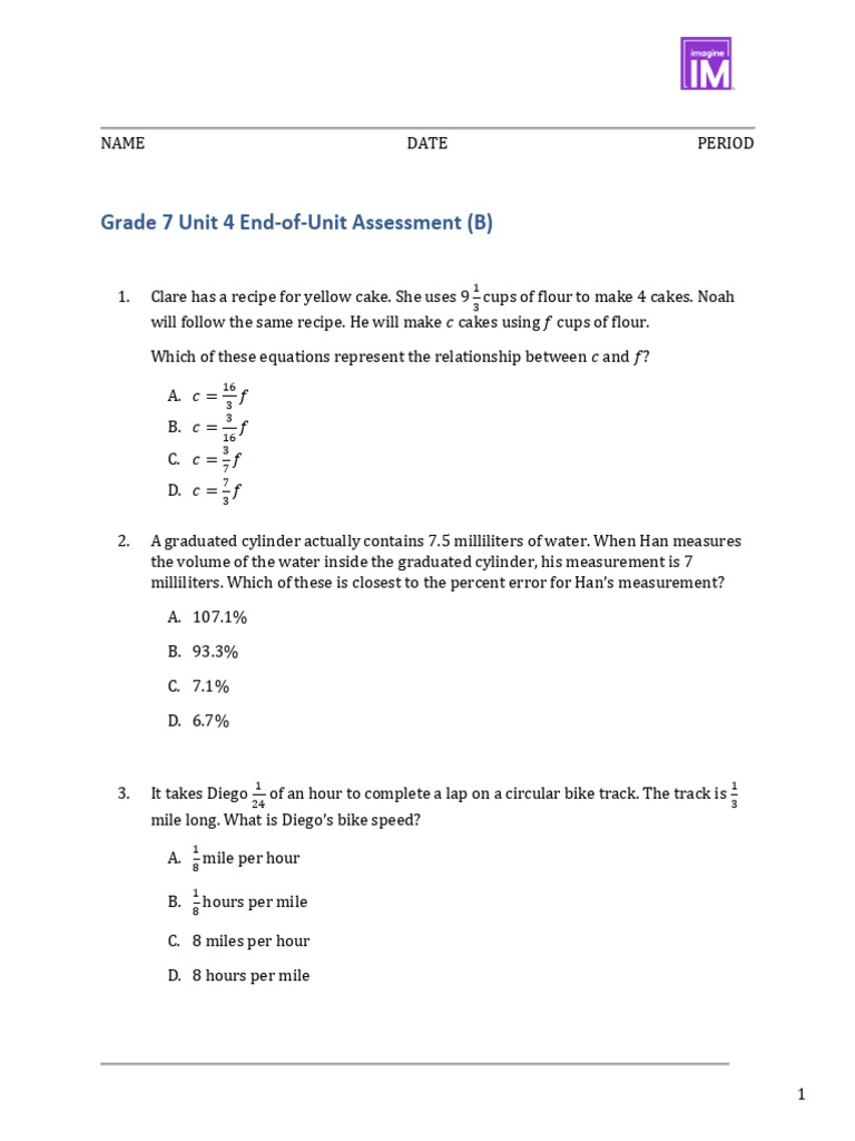 Grade7 4 End of Unit Assessment (B) Assessment | PDF