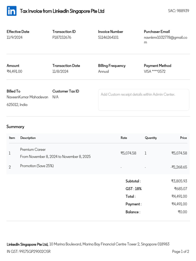 LNKD Invoice 51146264101 | PDF | Value Added Tax | Invoice