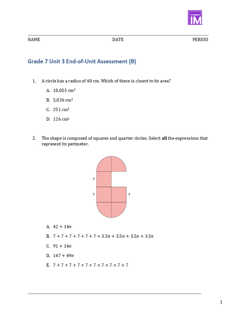Grade7 3 End of Unit Assessment (B) Assessment | PDF | Area | Circle