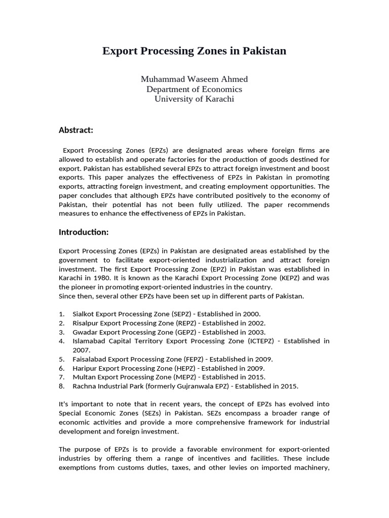 Export Processing Zones in Pakistan Muhammad Waseem Ahmed | PDF ...