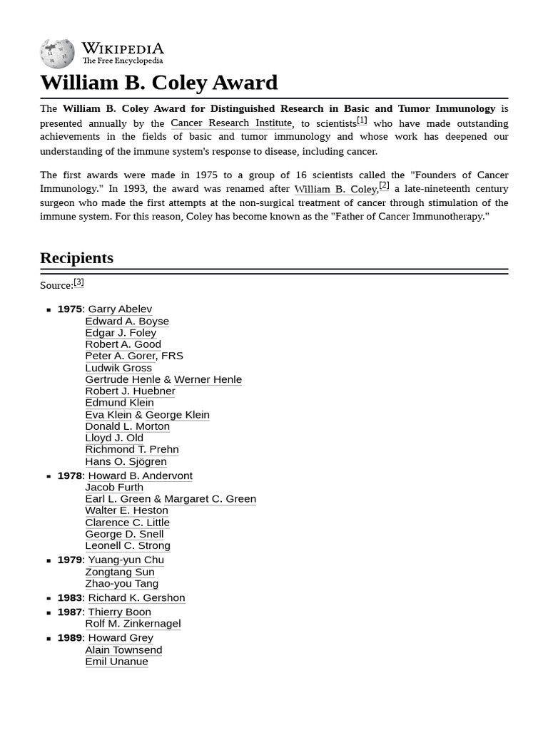 William_B._Coley_Award | PDF | Cancer | Medical Specialties