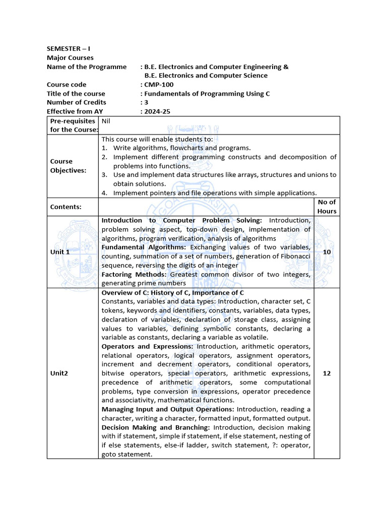 C Programming Fundamentals Course Overview | PDF | Pointer (Computer Programming) | Cell (Biology)