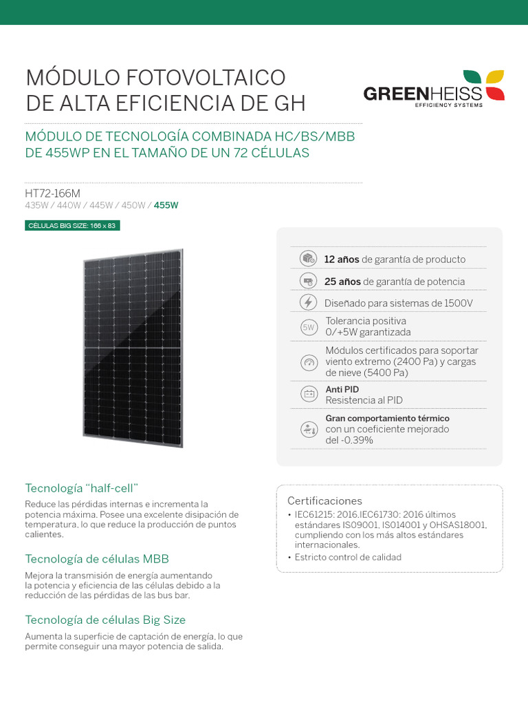 FICHA PANEL FV GREENHEISS HT72-166M_455WP | PDF | Electromagnetismo ...
