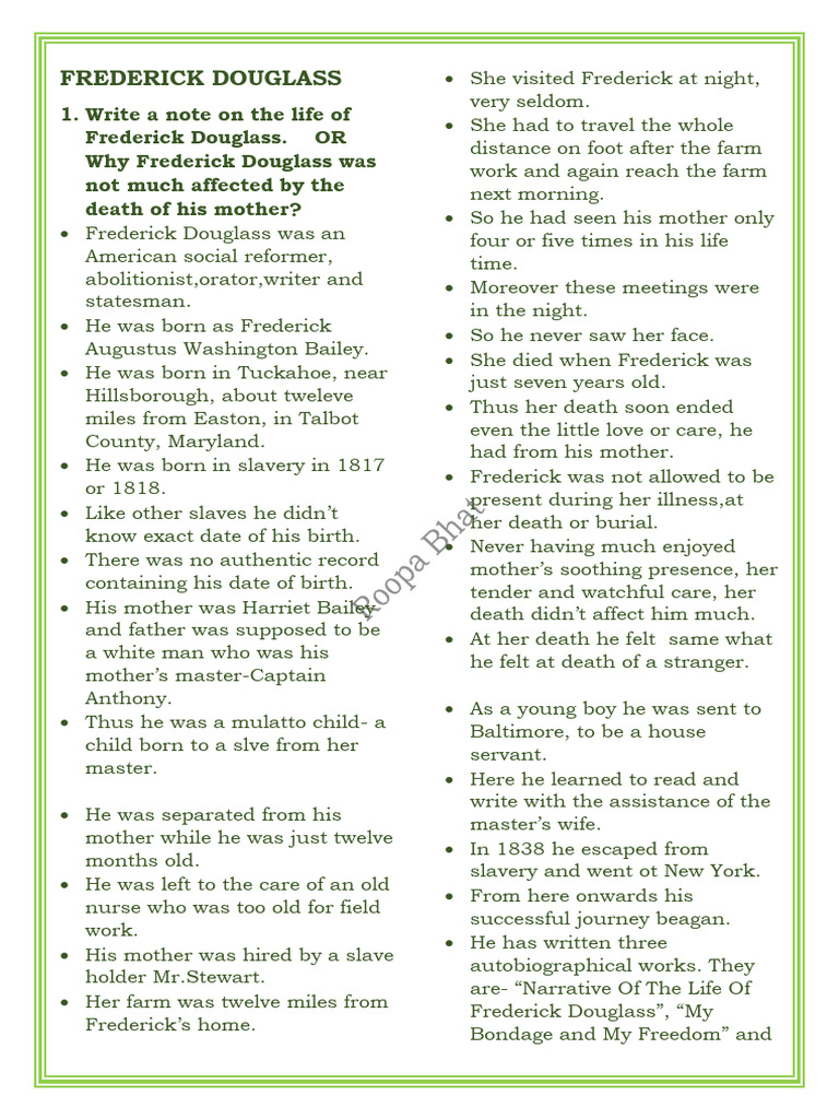 Frederick Douglass Main Points | PDF | Frederick Douglass | Slavery