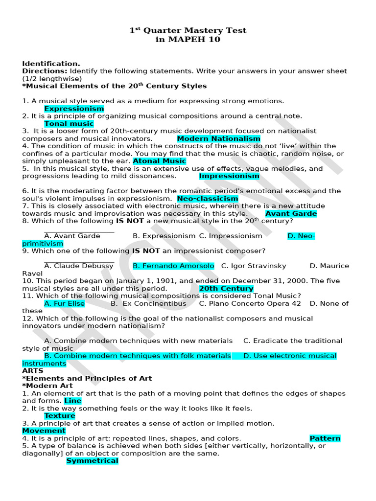MAPEH-10-Q1-WITH-ANSWER | PDF | Composition (Visual Arts)