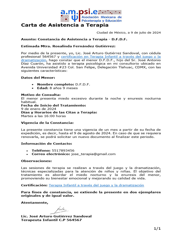 Carta de Asistencia A Terapia | PDF