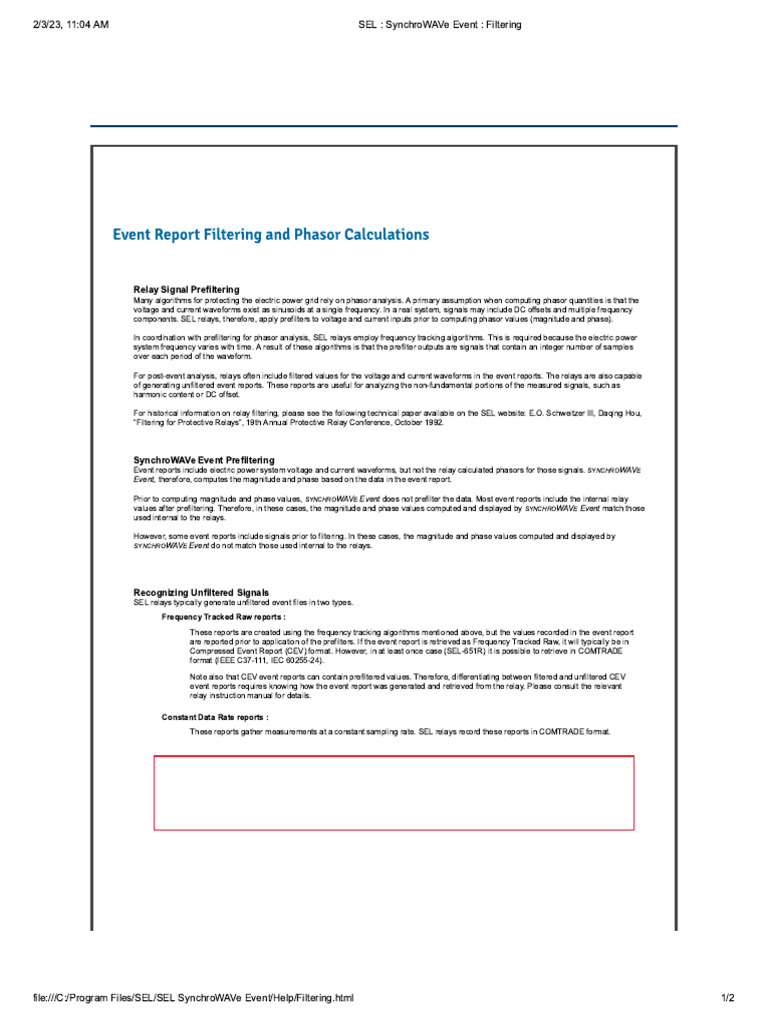 SEL - SynchroWAVe Event - Filtering | PDF