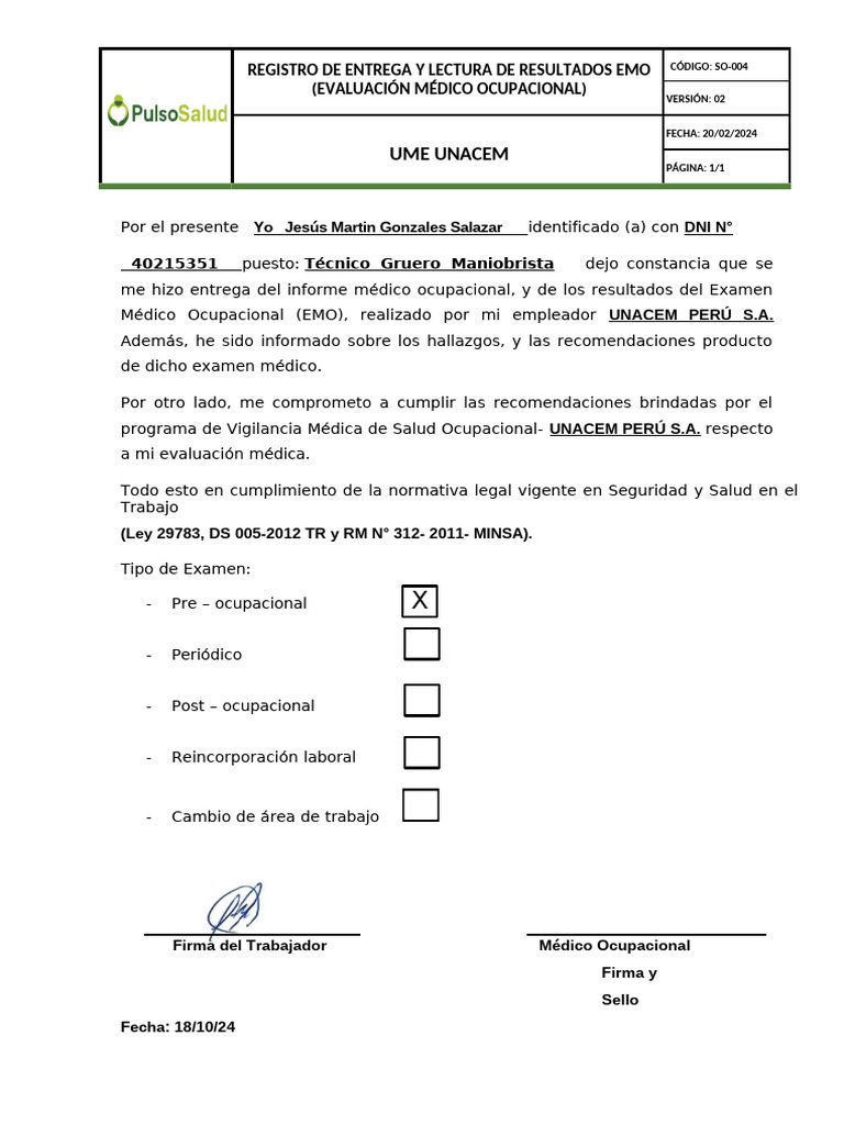 Formato de Cargo Entrega Emo So - 004 Ume Unacem Peru (2) (1) | PDF