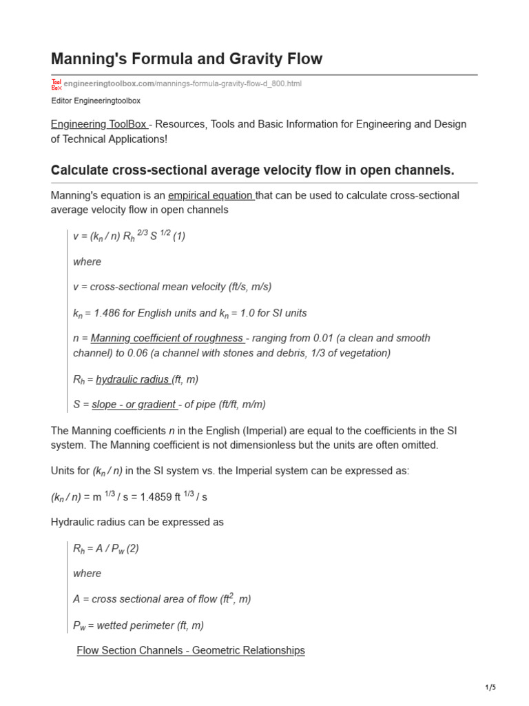 Mannings Formula and Gravity Flow | PDF | Flow Measurement | Fluid Dynamics