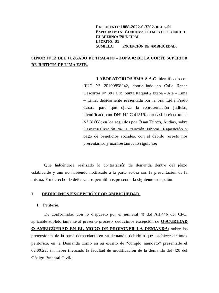 Escrito de Excepción | PDF | Demanda judicial | Ley procesal