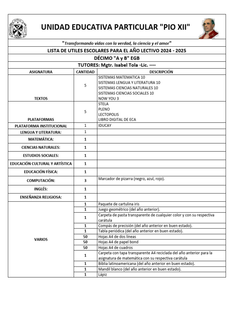 Lista de Útiles Decimo A 2024-2025 | PDF | Science