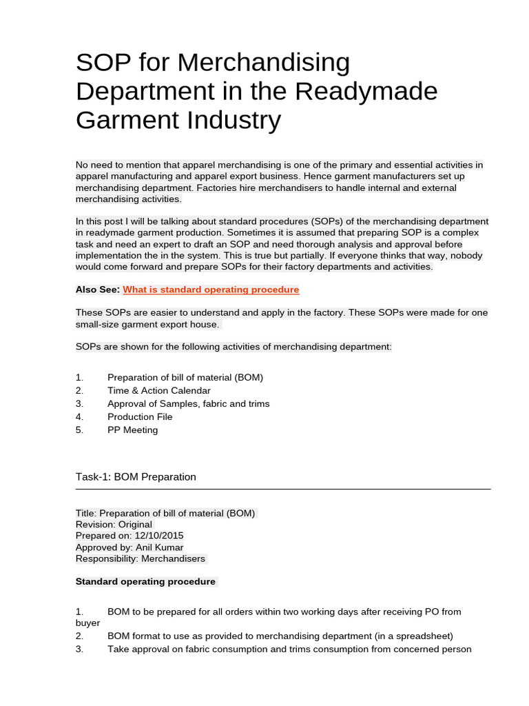 SOPs for Garment Merchandising Process | PDF | Spreadsheet | Microsoft ...