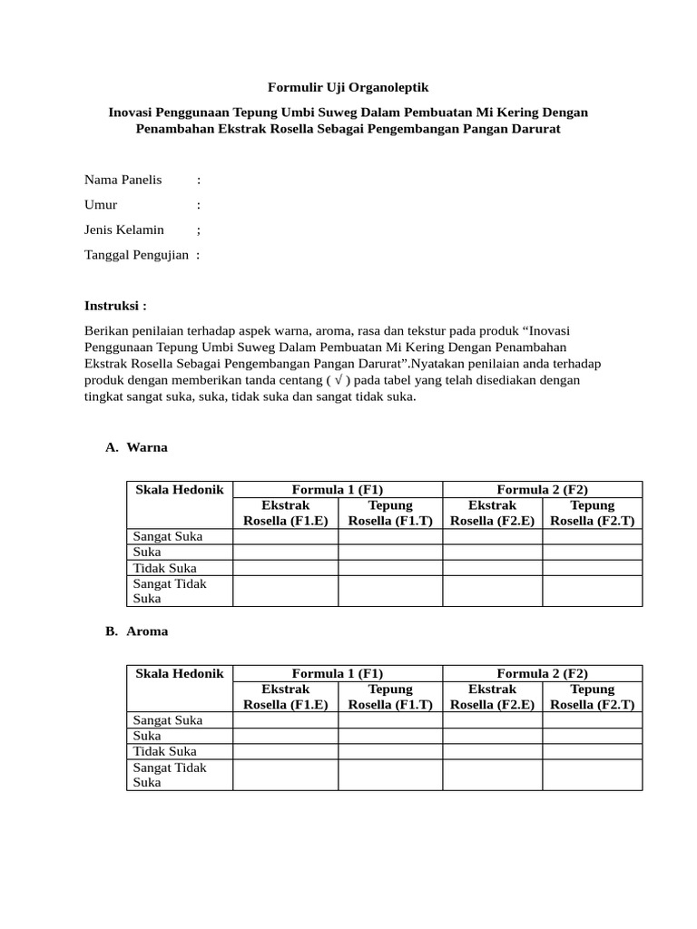 Formulir Uji Organoleptik Produk ITK | PDF