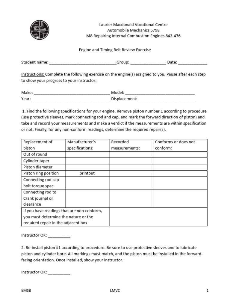 Engine and Timing Belt Exercise | PDF | Piston | Engines