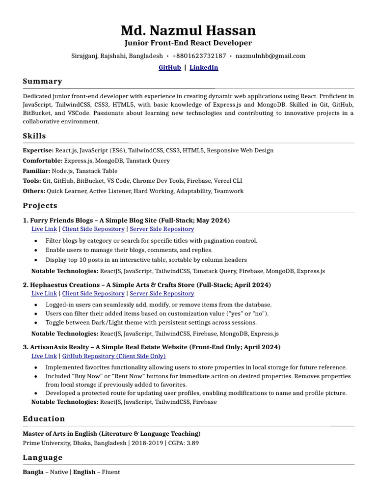 Nazmul Hassan Resume 1.0 | PDF | Java Script | Mongo Db