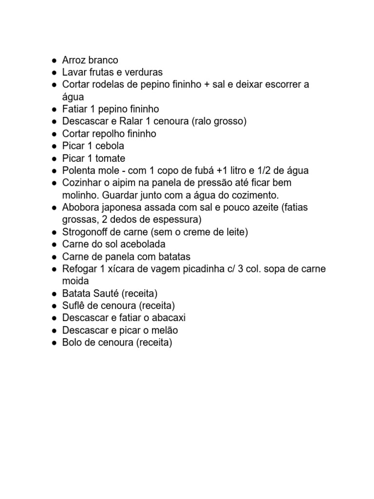 Cardápio semanal - Lista p_ Cozinheira - Documentos Google | PDF