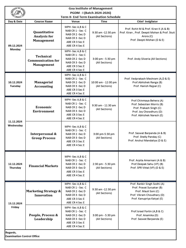 PGP 1 Term 2 - End Term Schedule | PDF