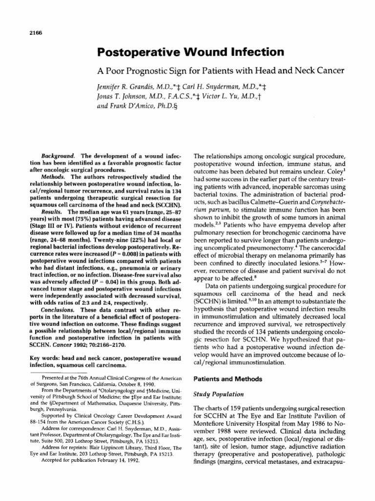 Cancer - 15 October 1992 - Grandis - Postoperative wound infection A ...
