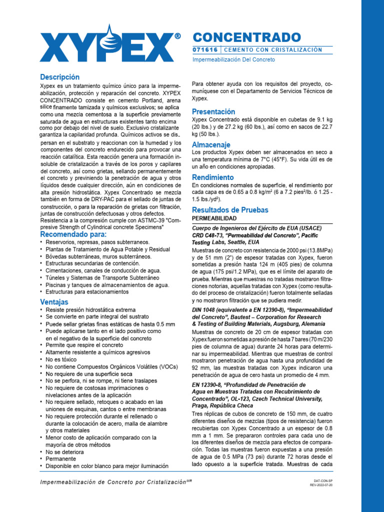 Ficha Tecnica de Xypex para Impermeabilizante | PDF | Hormigón | Agua