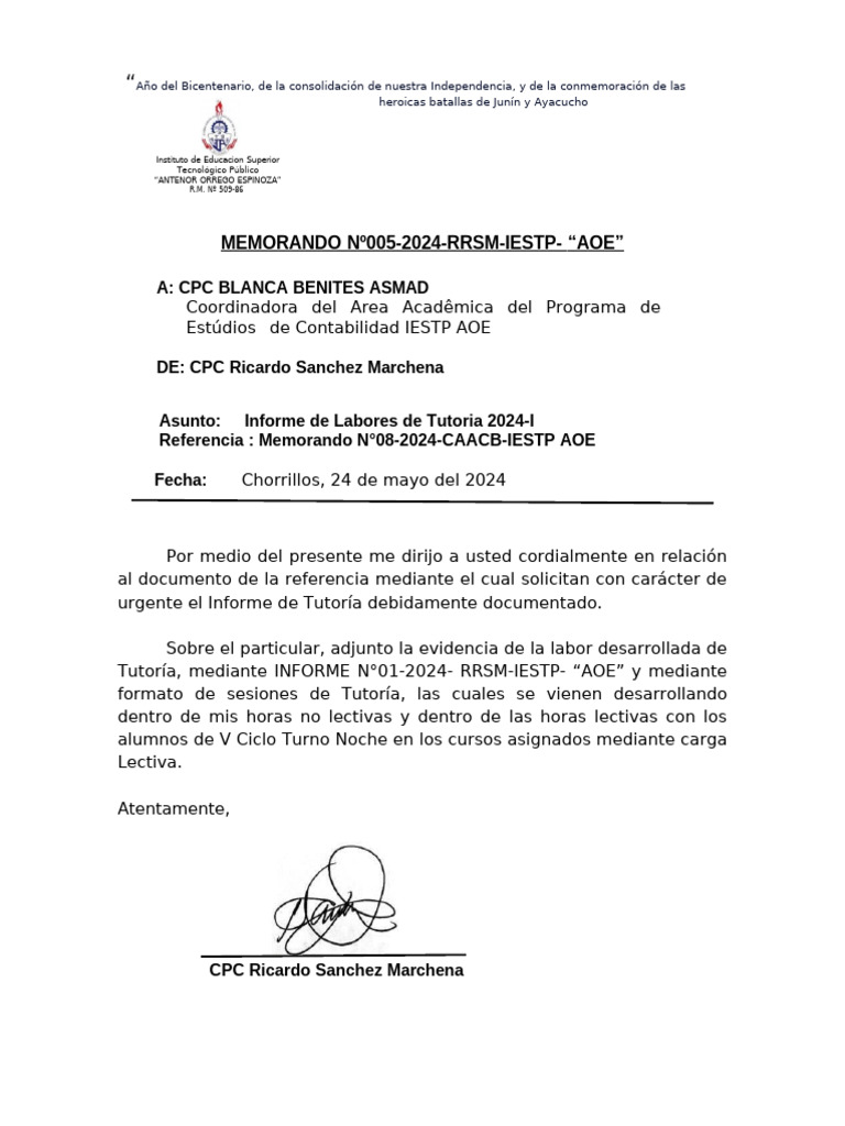 MEMORANDO Nº005-2023-RRSM-IESTP-AOE Y INFORME 001-2024 TUTORIA | PDF ...