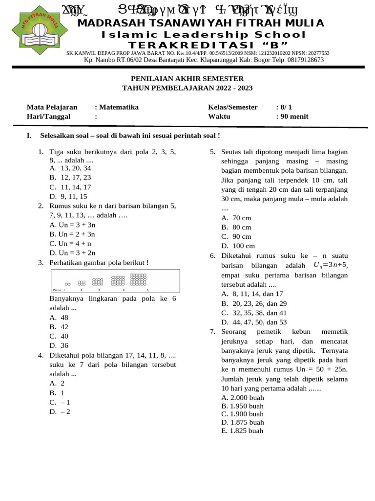 Soal Pas Kelas 8 Mtk 2022 Mts | PDF