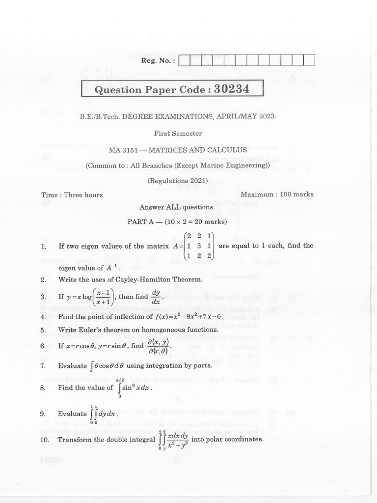 Matrices and Calculus - MA3151 2021 Regulation - Question Paper 2023 ...