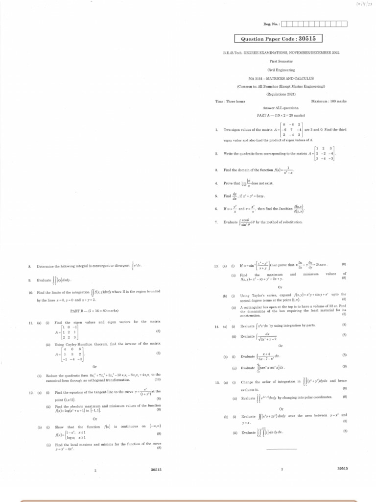 Matrices and Calculus - MA3151 2021 Regulation - Question Paper 2022 ...