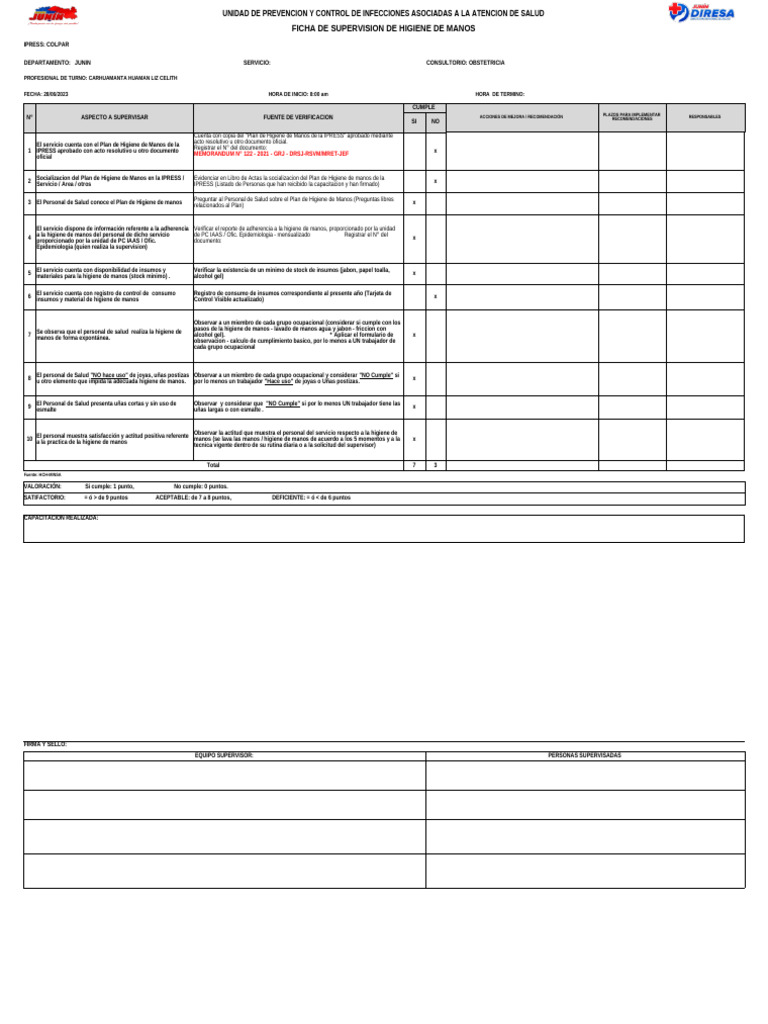 Supervicion de Higiene de Manos Ipress Colpar | PDF | Lavado de manos ...