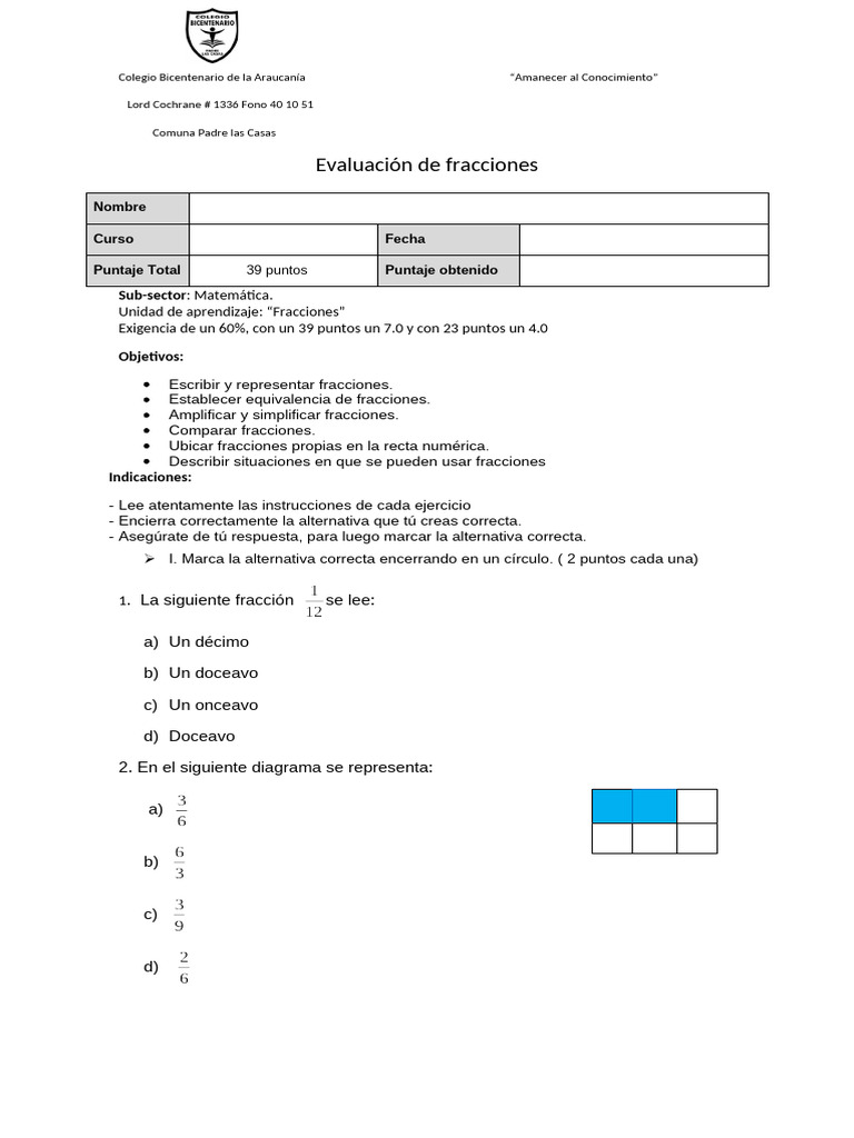 Prueba de Fracciones | PDF
