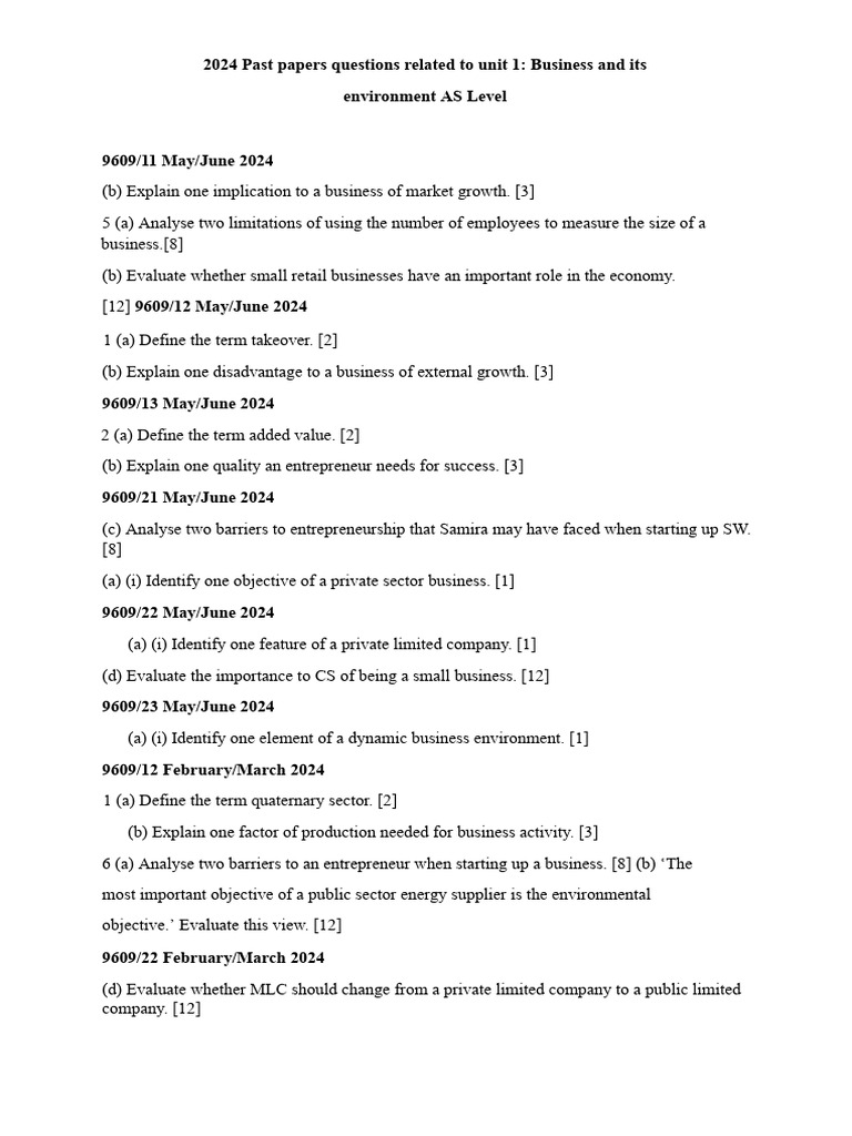 2024 Past Papers Questions Related To Unit 1 | PDF