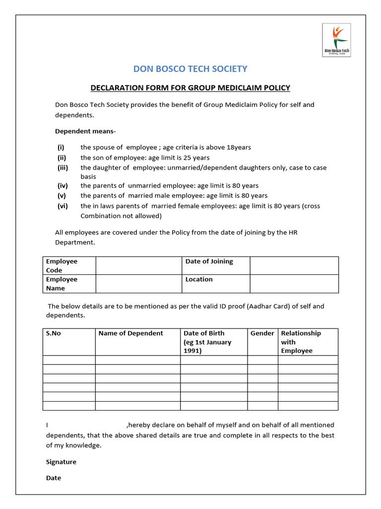 Group Mediclaim Policy Declaration Form | PDF