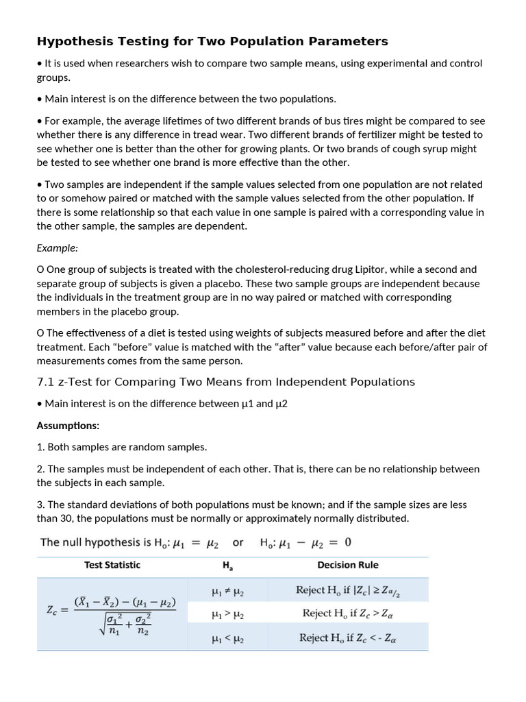 Hypothesis Testing For Two Population Pa | PDF | Student's T Test ...