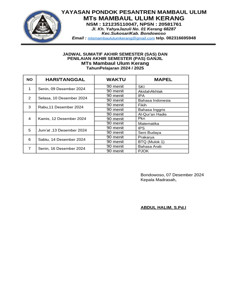 Jadwal Sas Dan Pas 2024-2025 Ganjil | PDF