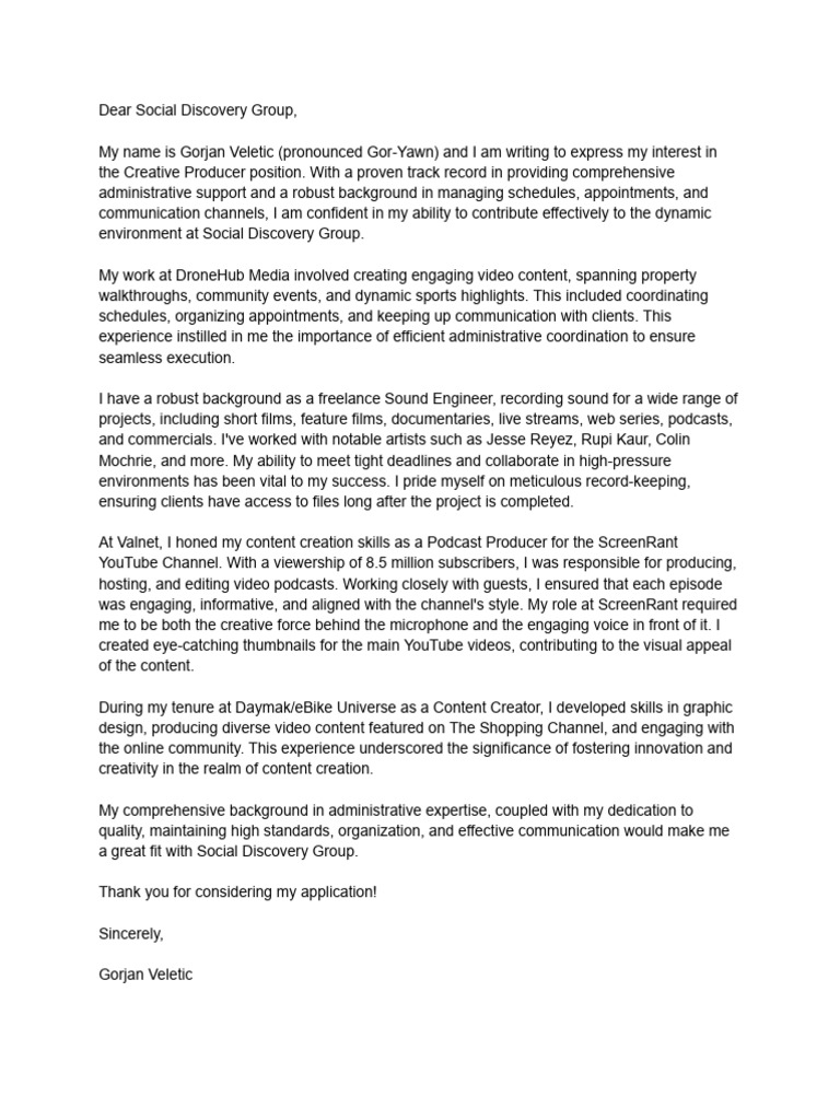 Cover Letter - Social Discovery Group | PDF | Podcast | You Tube