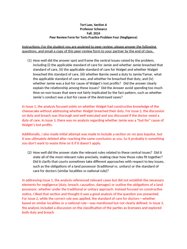 Remmington Peer Review Form For Torts Problem Four | PDF | Negligence ...