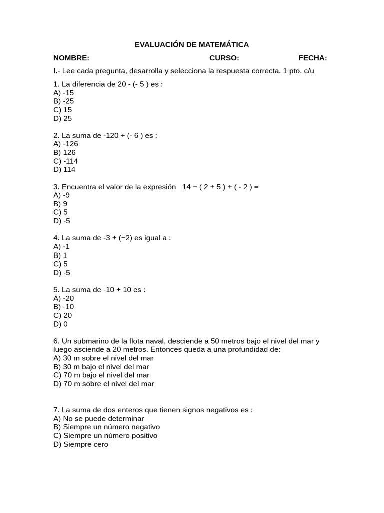 Evaluación de Matemática Básica Diurna | PDF