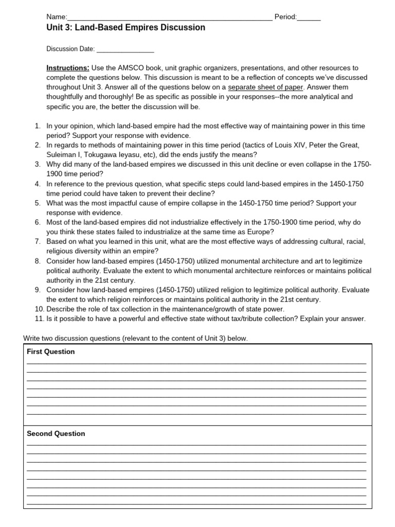 Unit 3 Land-Based Empires Discussion Handout | PDF